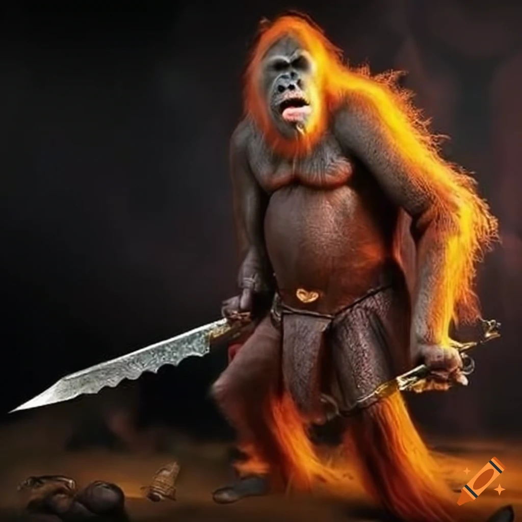 Fantasy artwork of an orangutan warrior with a sword on Craiyon