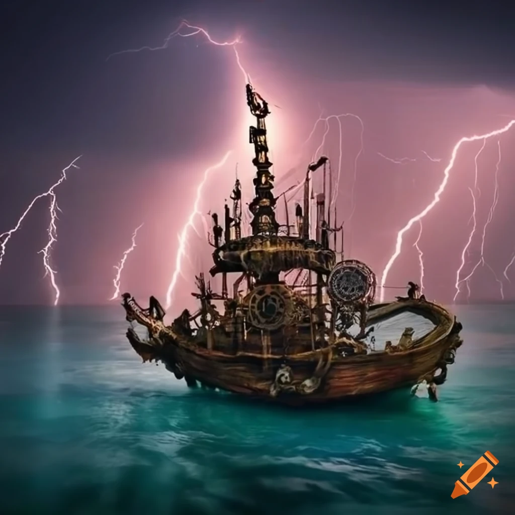 Surreal steampunk artwork with giant boat and strange creatures