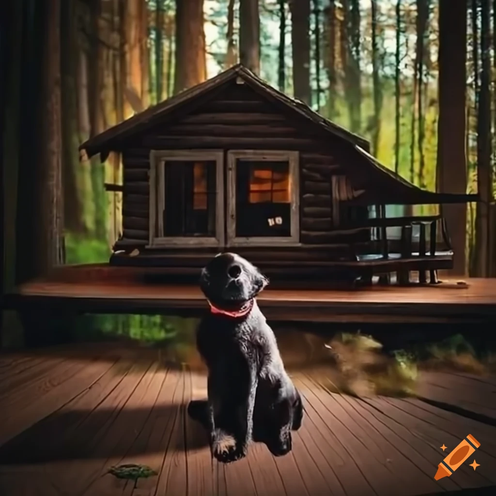 Black labrador retriever on the deck of a cabin in the forest on Craiyon