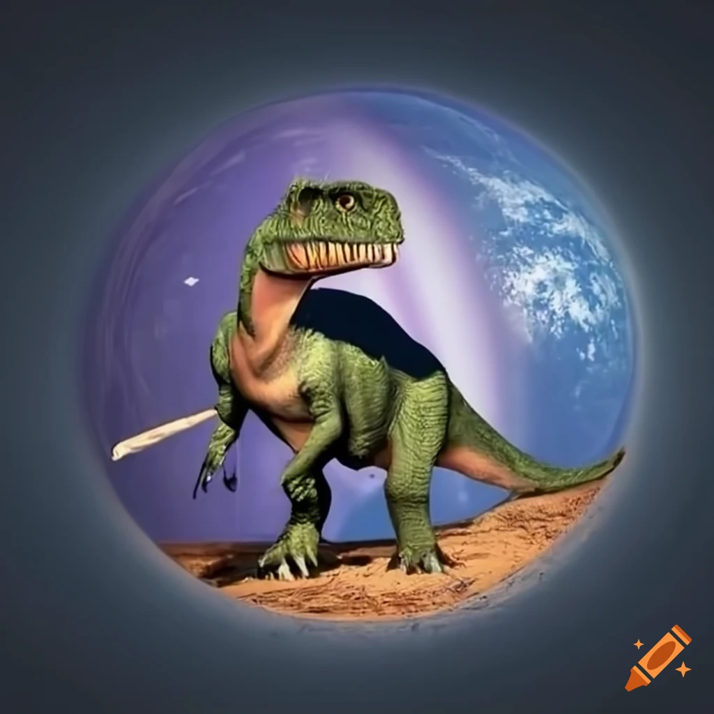 Tyrannosaurus rex with a handsaw on venus with earth in the background ...
