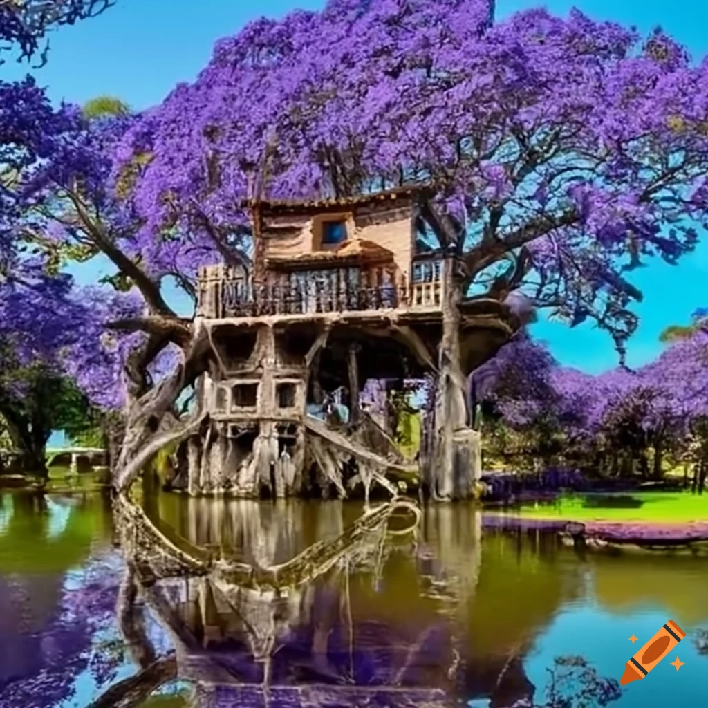 Castle in a jacaranda tree with a mini waterfall on Craiyon