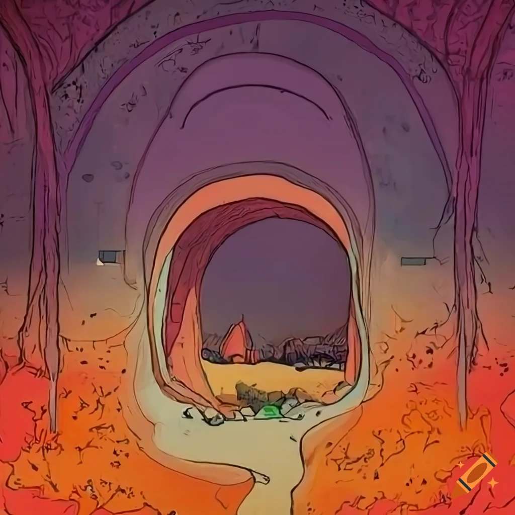 Moebius-style artwork of a mushroom forest with arches and mysterious ...