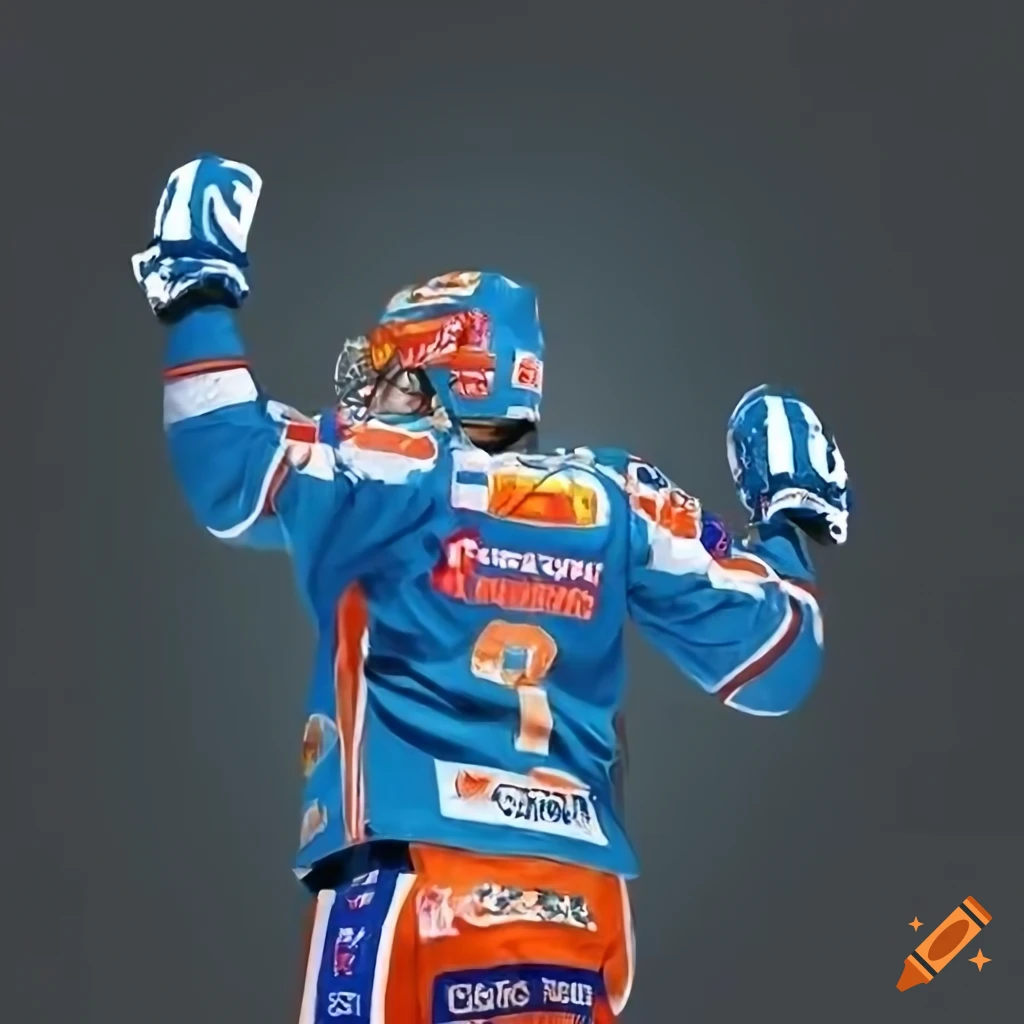Artwork of a hockey player celebrating victory on the ice on Craiyon