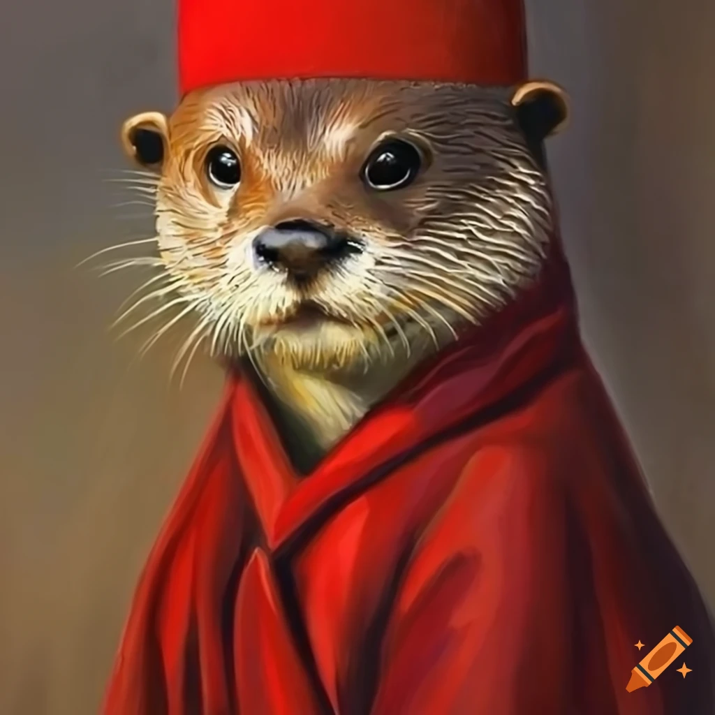 Oil painting of a wise otter in a red robe and fez