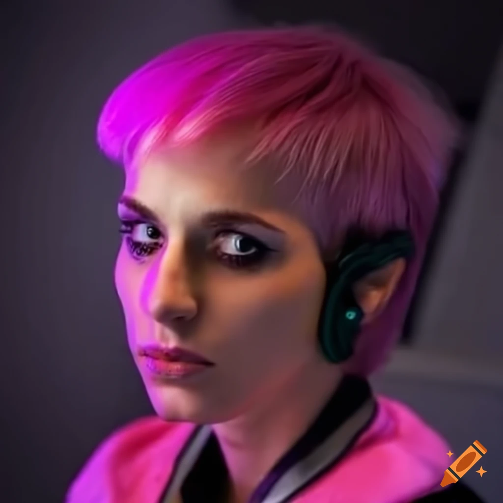 Character design of a strong woman with short pink hair and futuristic ...