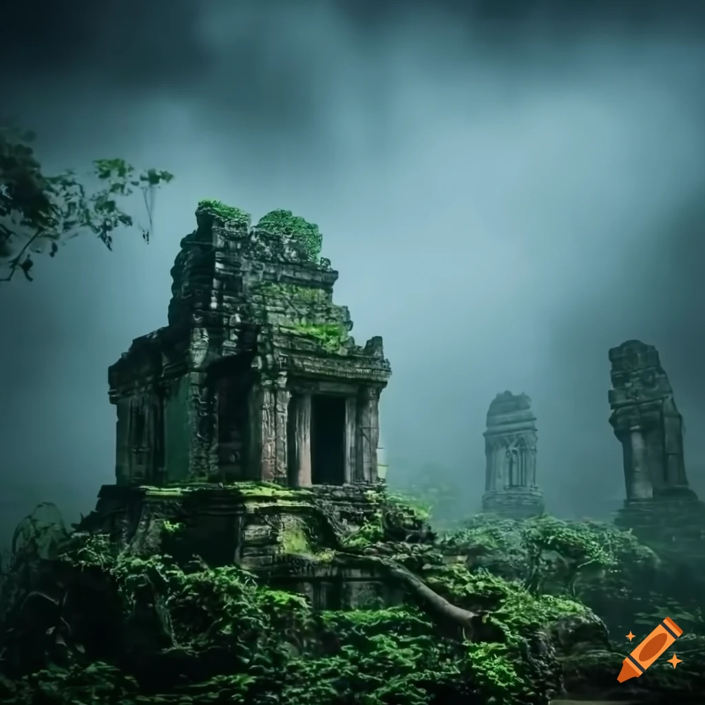 Ruined temple lost in the jungle with alien statues on Craiyon
