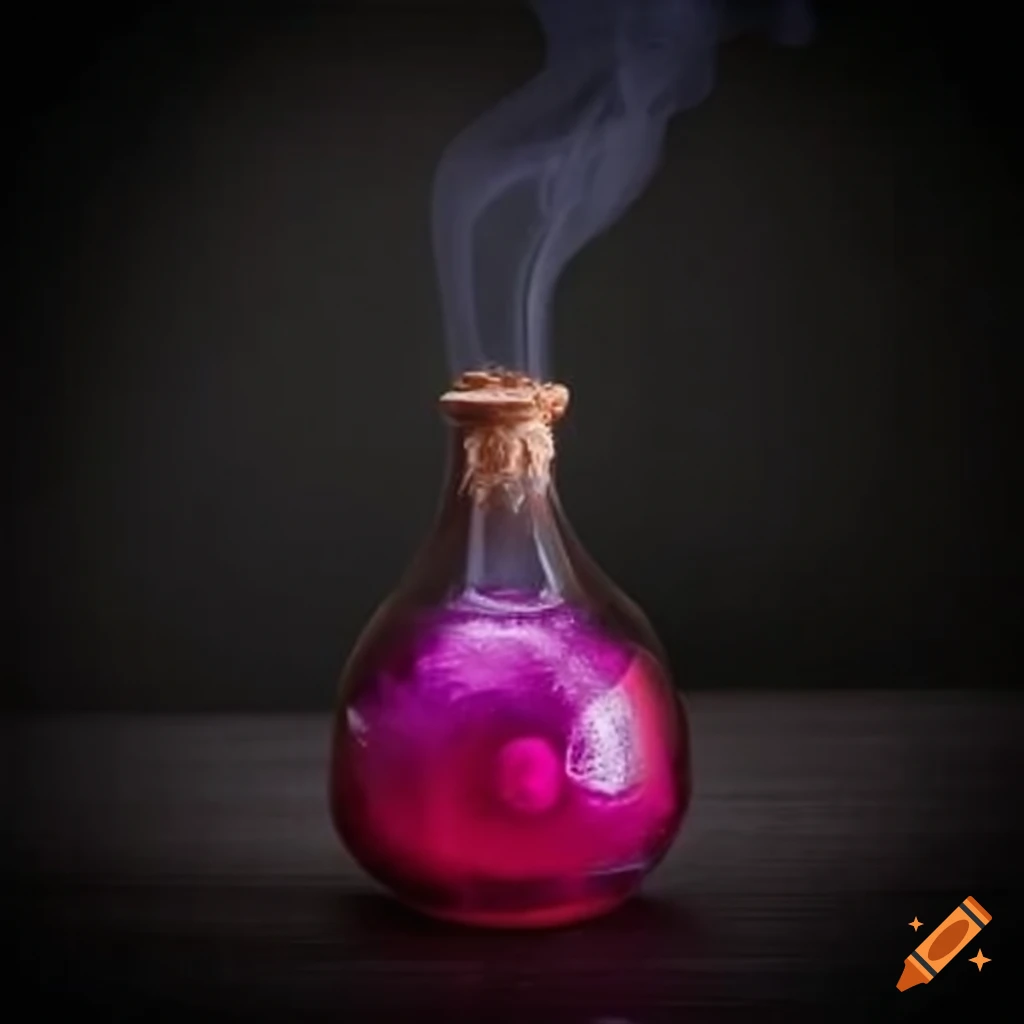 Glass bottle love potion with swirling smoke on Craiyon