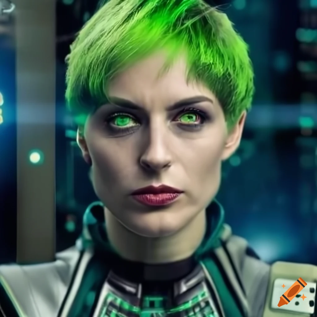 Portrait of a woman with short green hair and futuristic clothing on ...