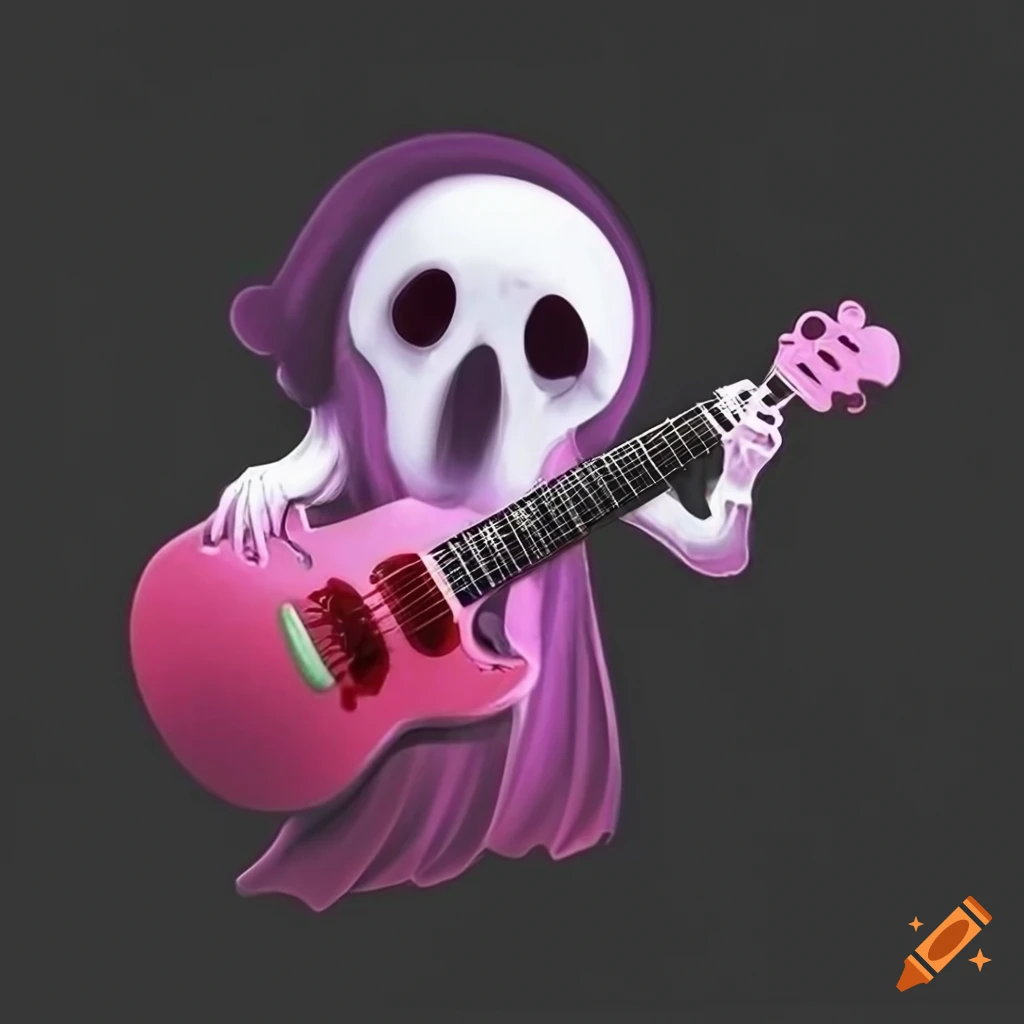 Cute love ghost playing guitar with hearts above