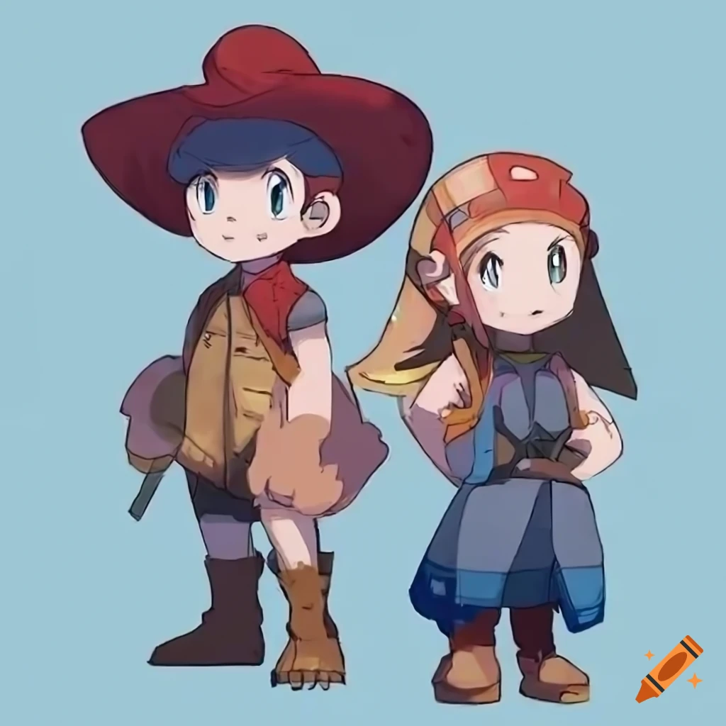 Concept art of two rival characters in farmer-like clothing on Craiyon