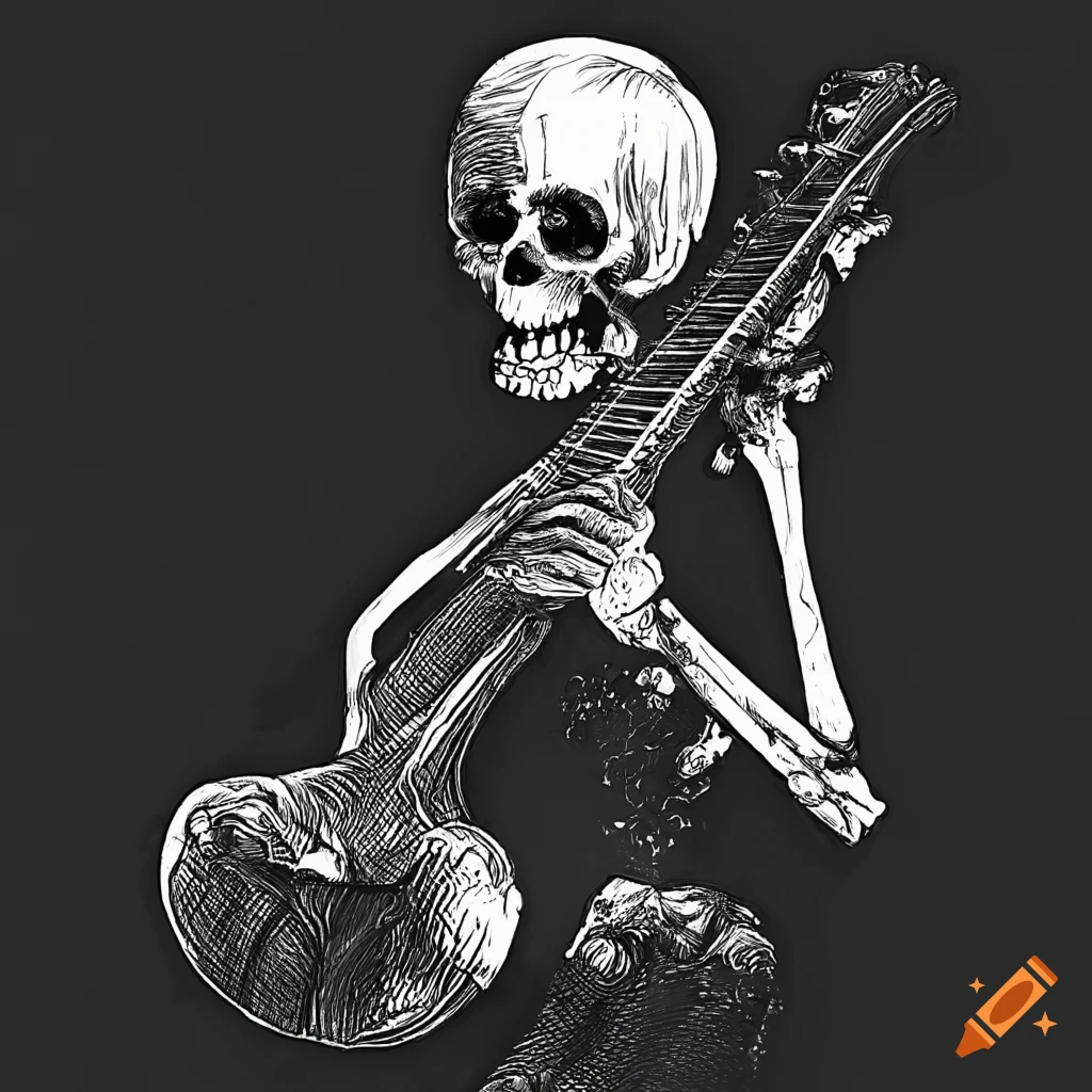 Skeleton musician playing sitar in a bookstore on Craiyon