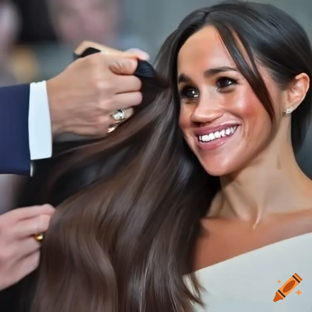 Hairdresser styling long hair on a display stand at a hair show on Craiyon