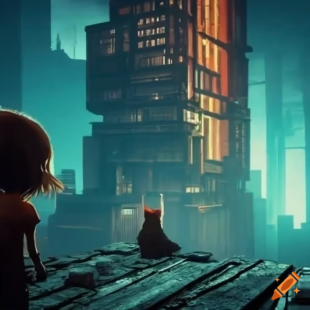 Vertical cityscape inspired by the video game stray on Craiyon