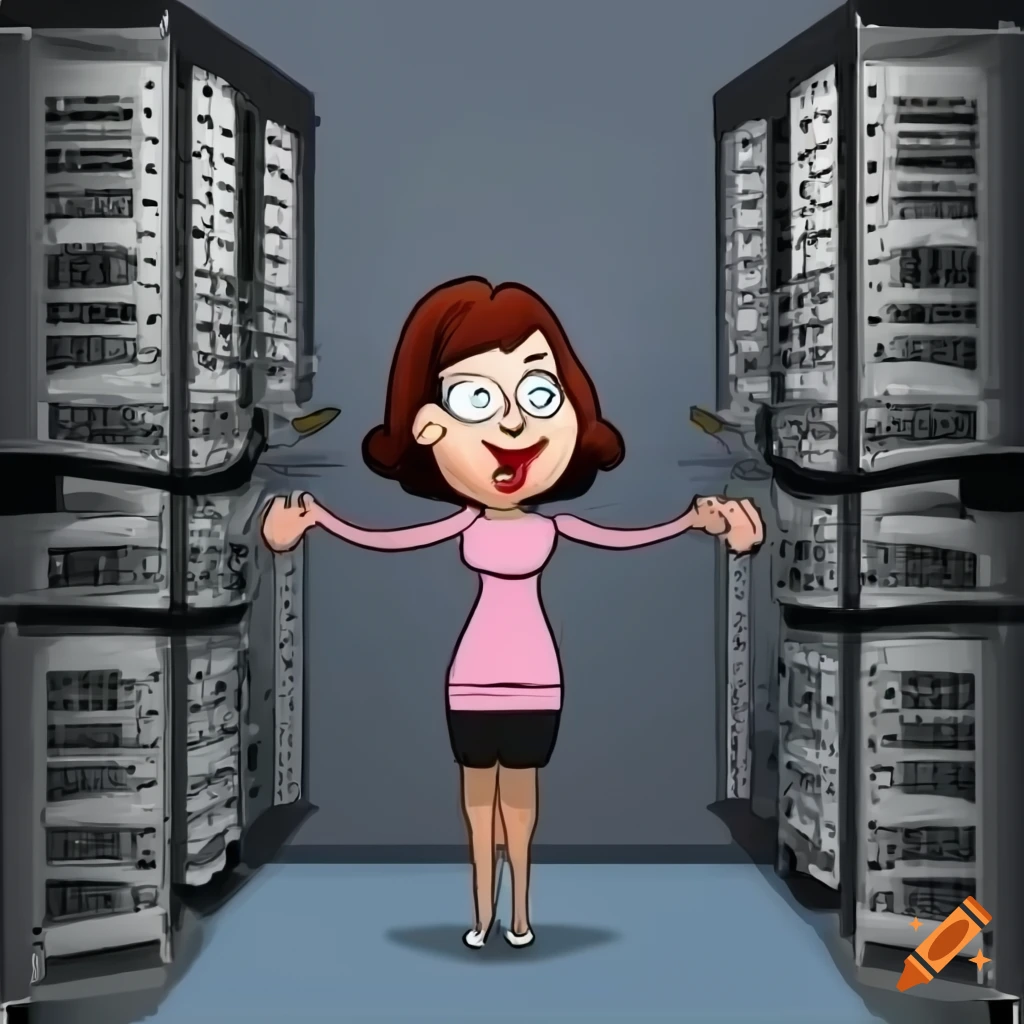 Funny cartoon lady with network cables and server rack on Craiyon