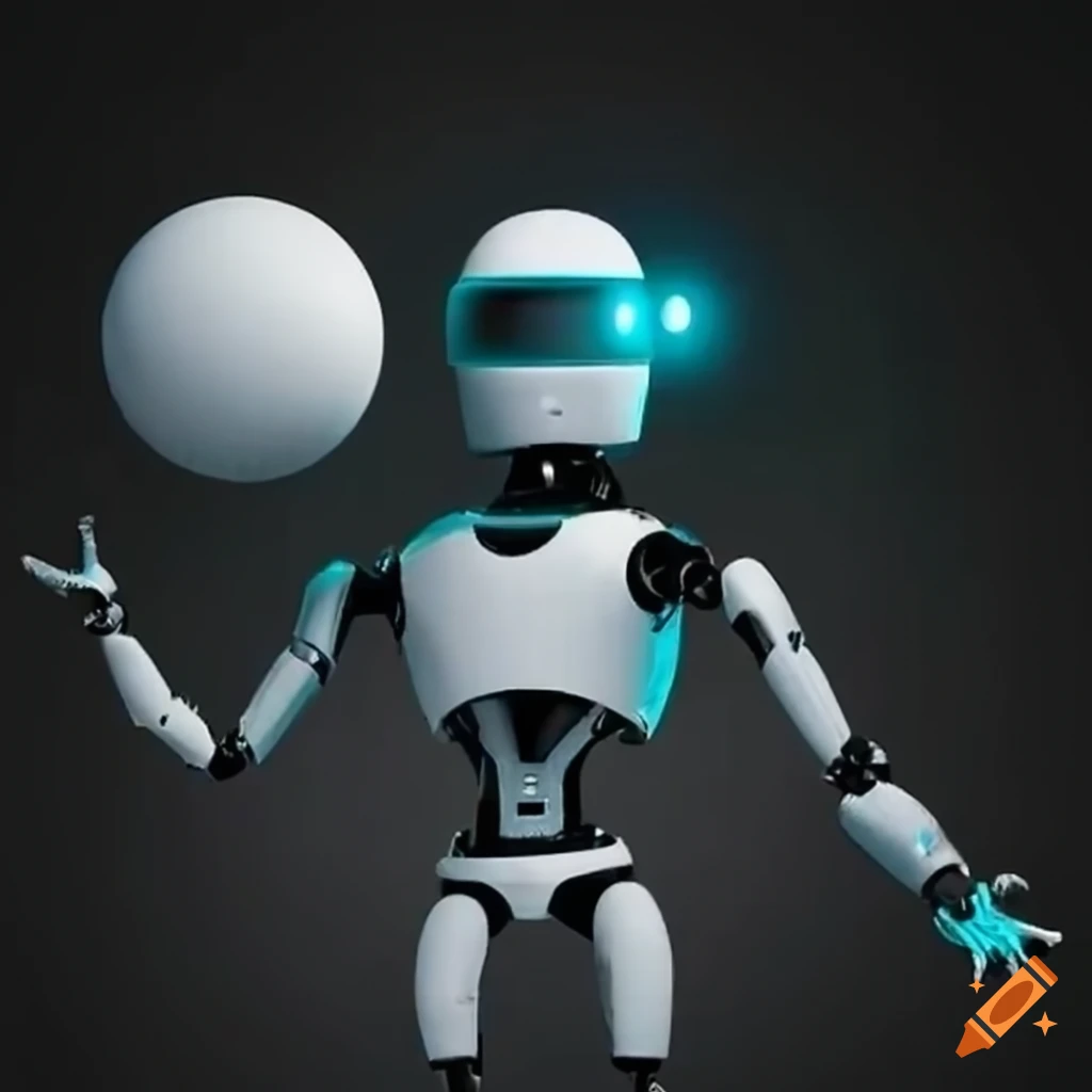 Robot surrounded by sports balls on Craiyon