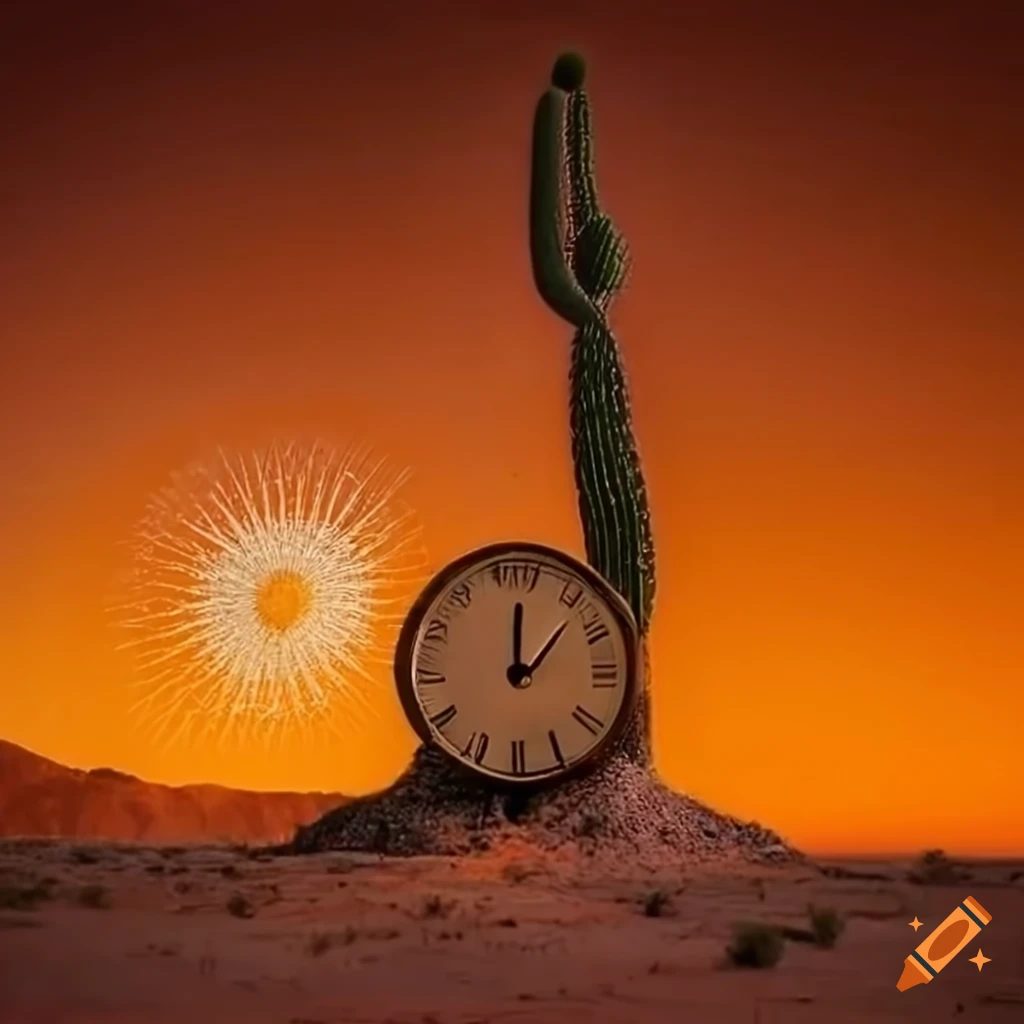 Desert landscape with cactus and a unique time vortex clock on Craiyon