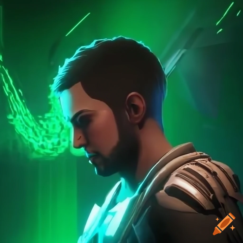 Futuristic scene of a man coding on a computer