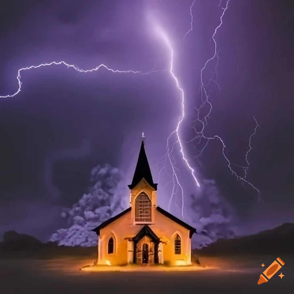 School building with a fence in a dark forest during lightning storm on Craiyon