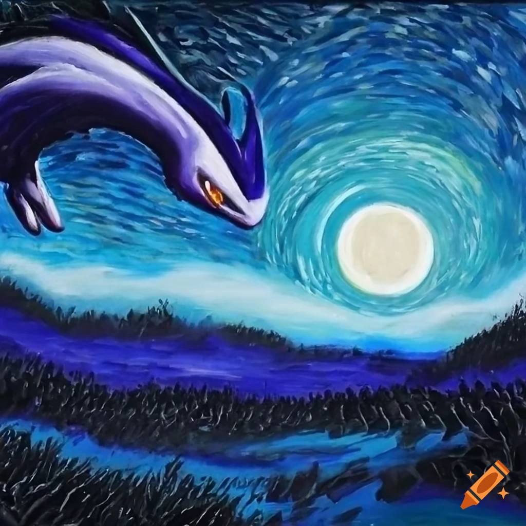 Oil pastel artwork of Lugia flying in a starry night on Craiyon