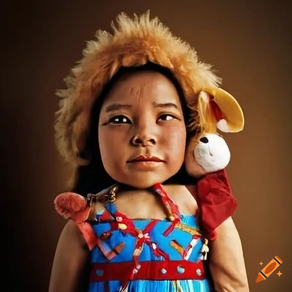 Ojibwe woman wearing jingle dress with a rabbit doll on Craiyon