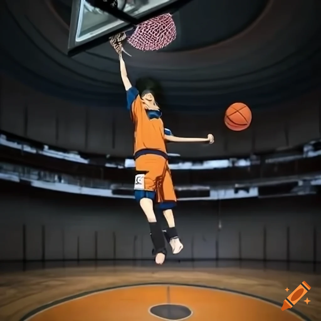 Monkey slam dunking basketball in an arena on Craiyon