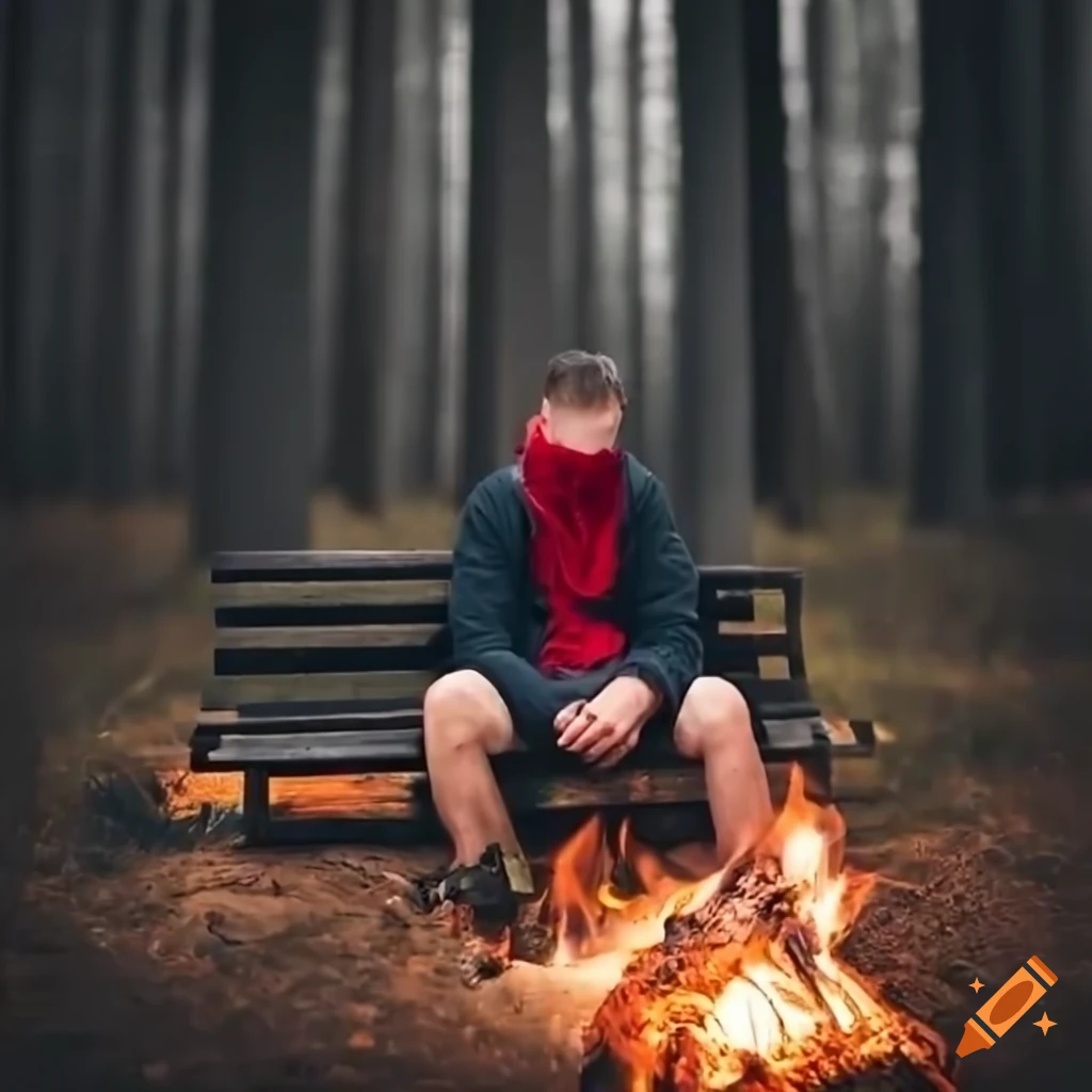 Man sitting by a fire in the forest on Craiyon