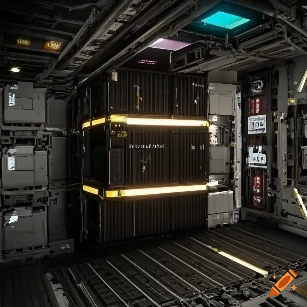 Colorful and disorganized cargo hold inside a futuristic spaceship on ...
