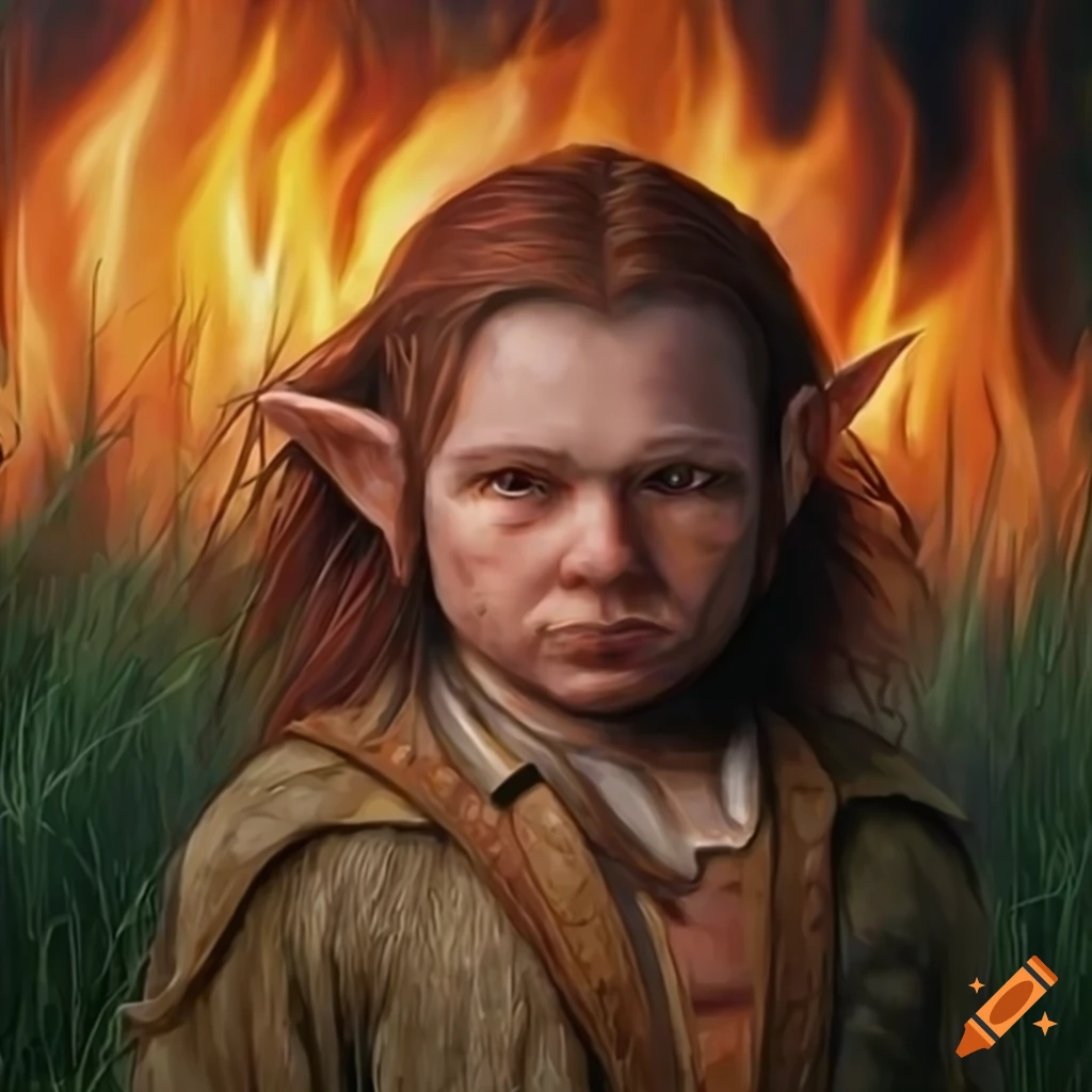 Hyperrealistic painting of a halfling in a meadow fire on Craiyon