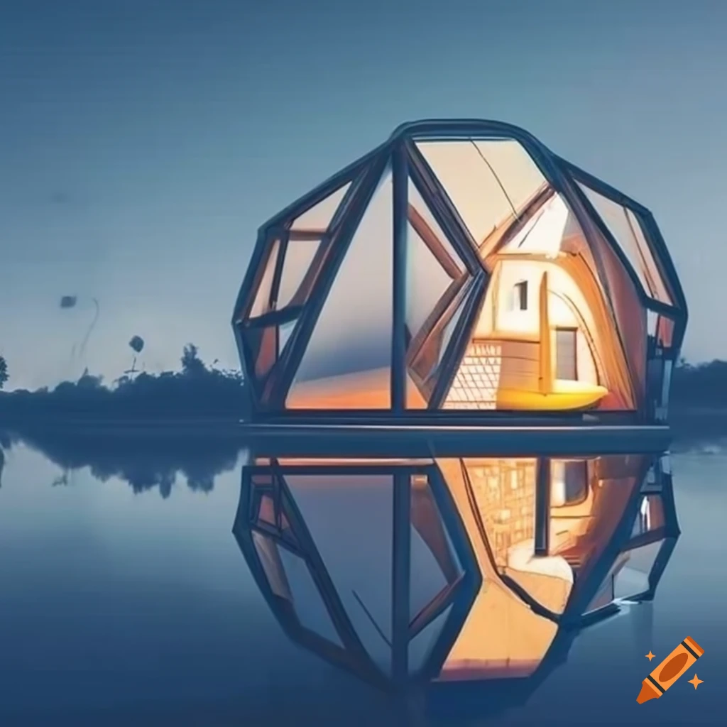 Futuristic domed camping pod in a city near a river on Craiyon