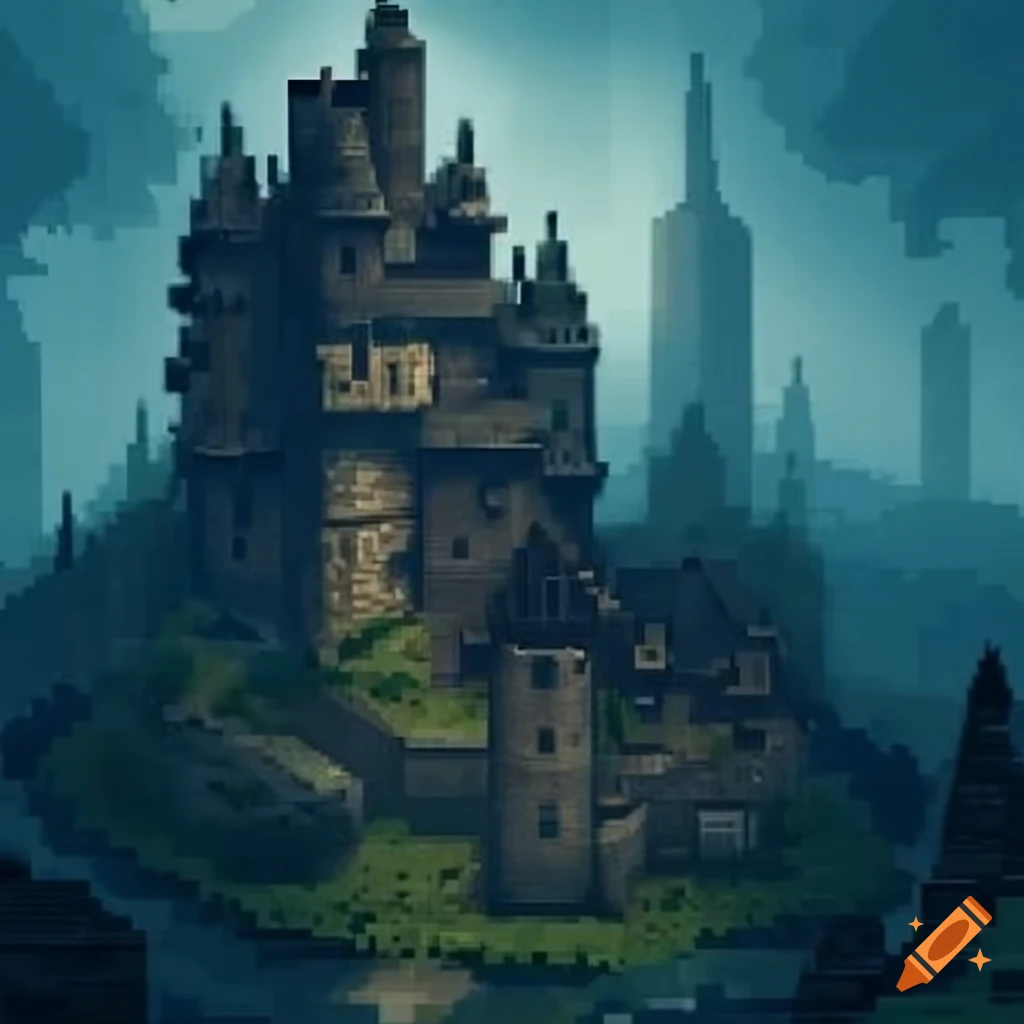 Pixel art of a crumbling medieval town on Craiyon
