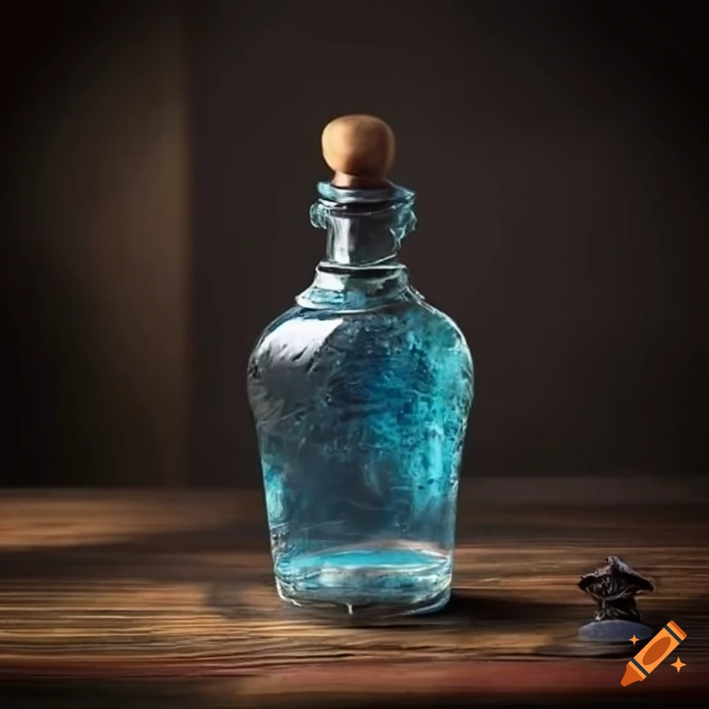 Old alchemy flask on a wooden table on Craiyon