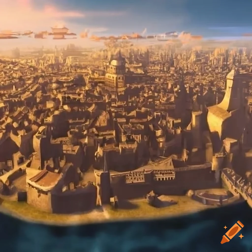 Daytime view of a partially destroyed medieval fantasy city