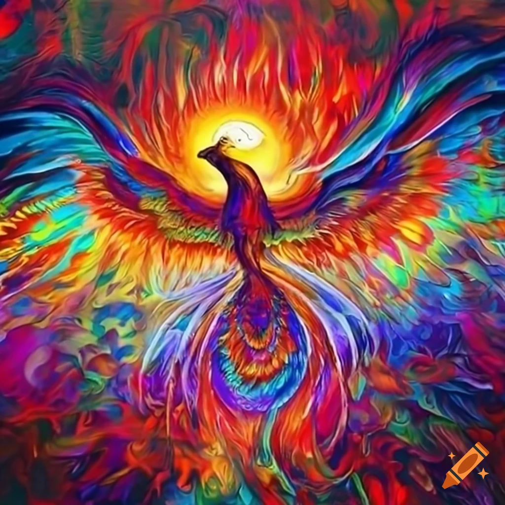 Vivid phoenix rising from the sun