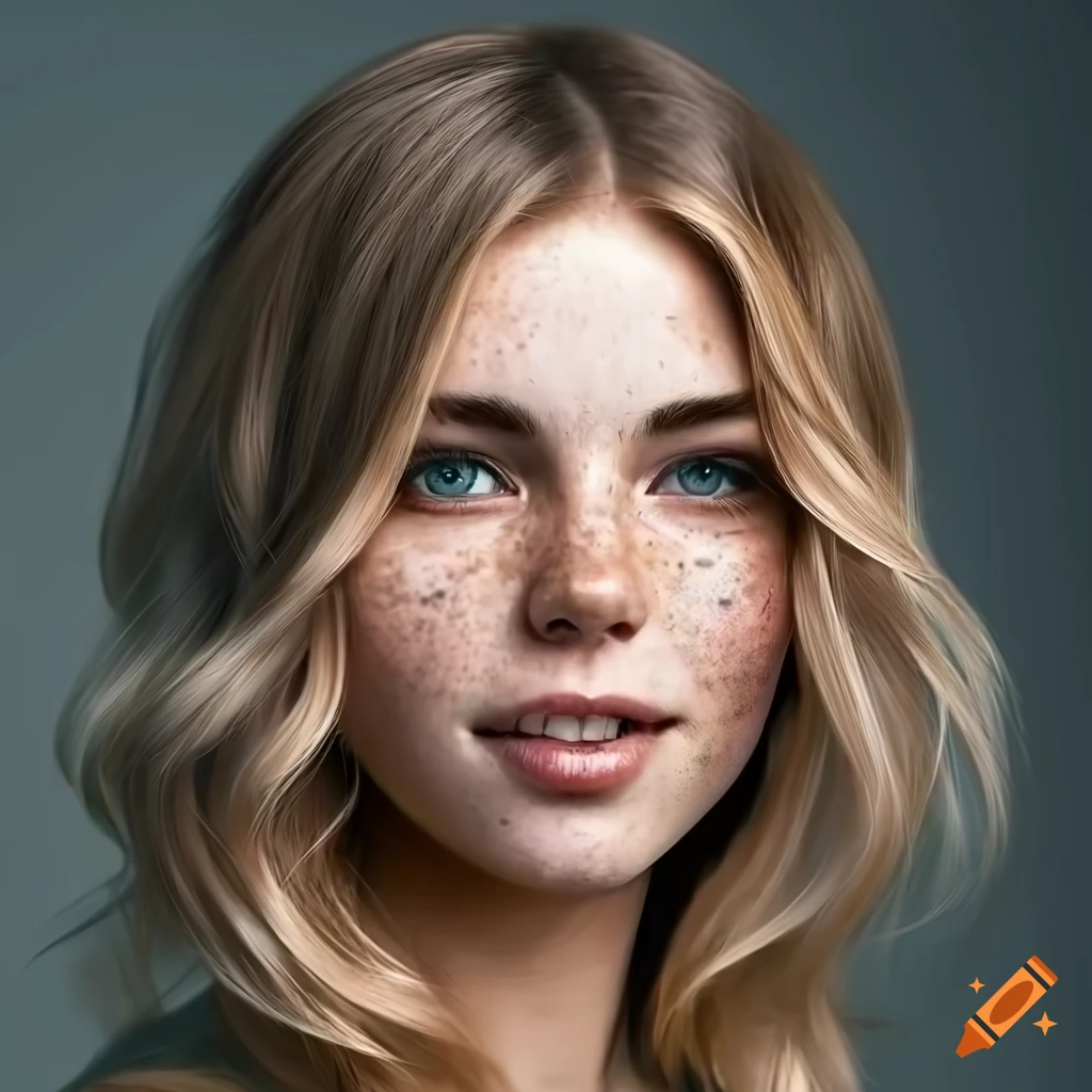 Beautiful young woman shoulder-length blonde hair very light freckles on Craiyon