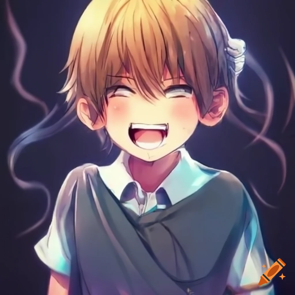 Adorable anime kid trying to hold back laughter on Craiyon