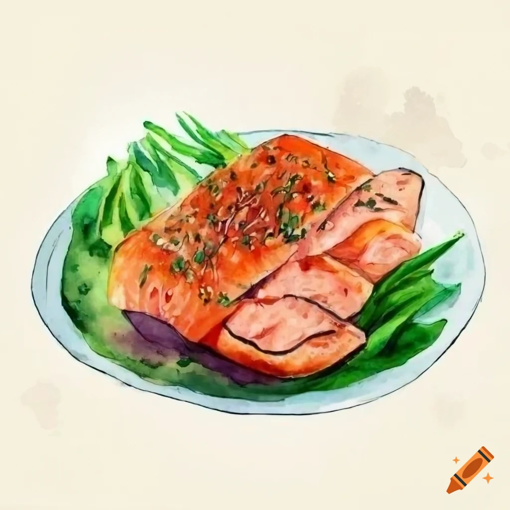 Watercolor illustration of baked salmon with rice