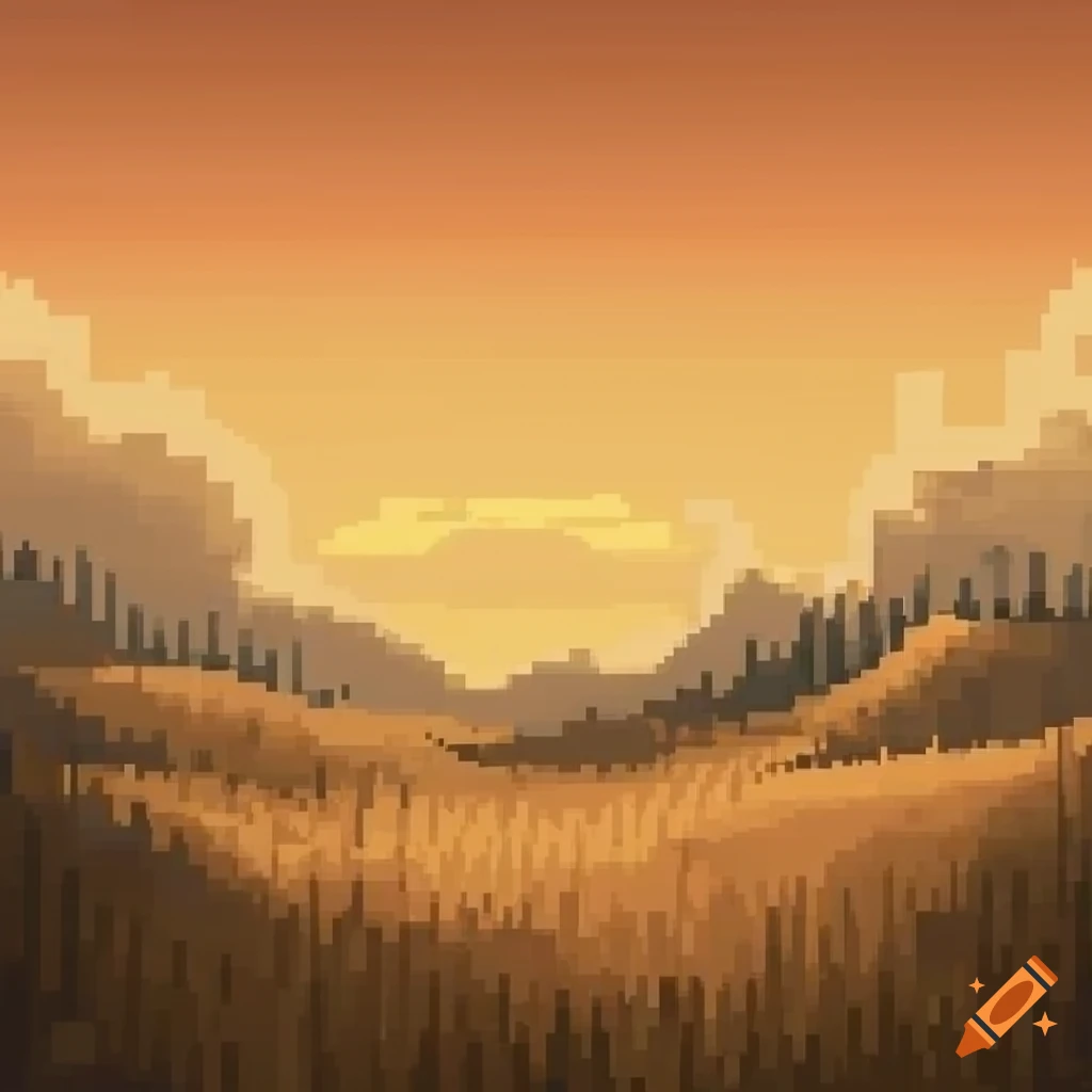 Pixel art of a sunset over a medieval fantasy landscape on Craiyon