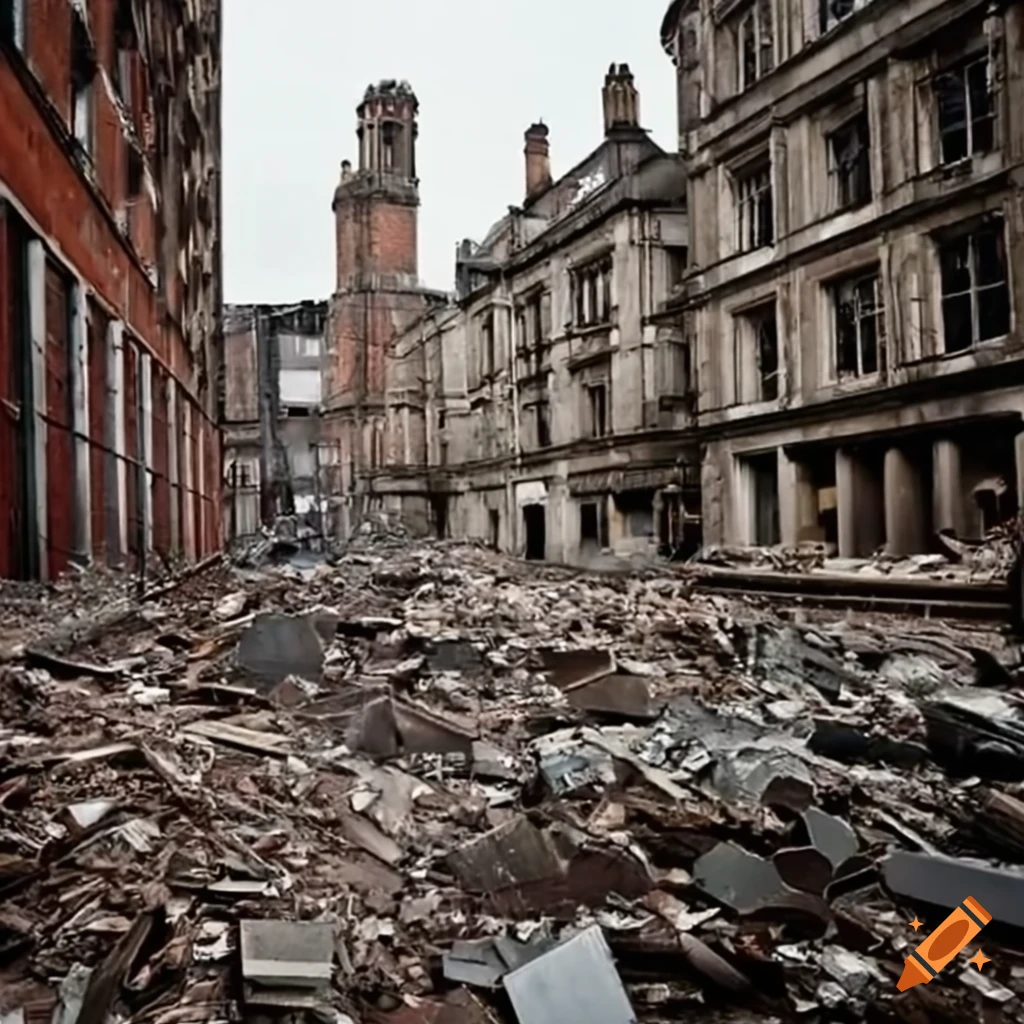 Post-apocalyptic cityscape with rubble and plants on Craiyon