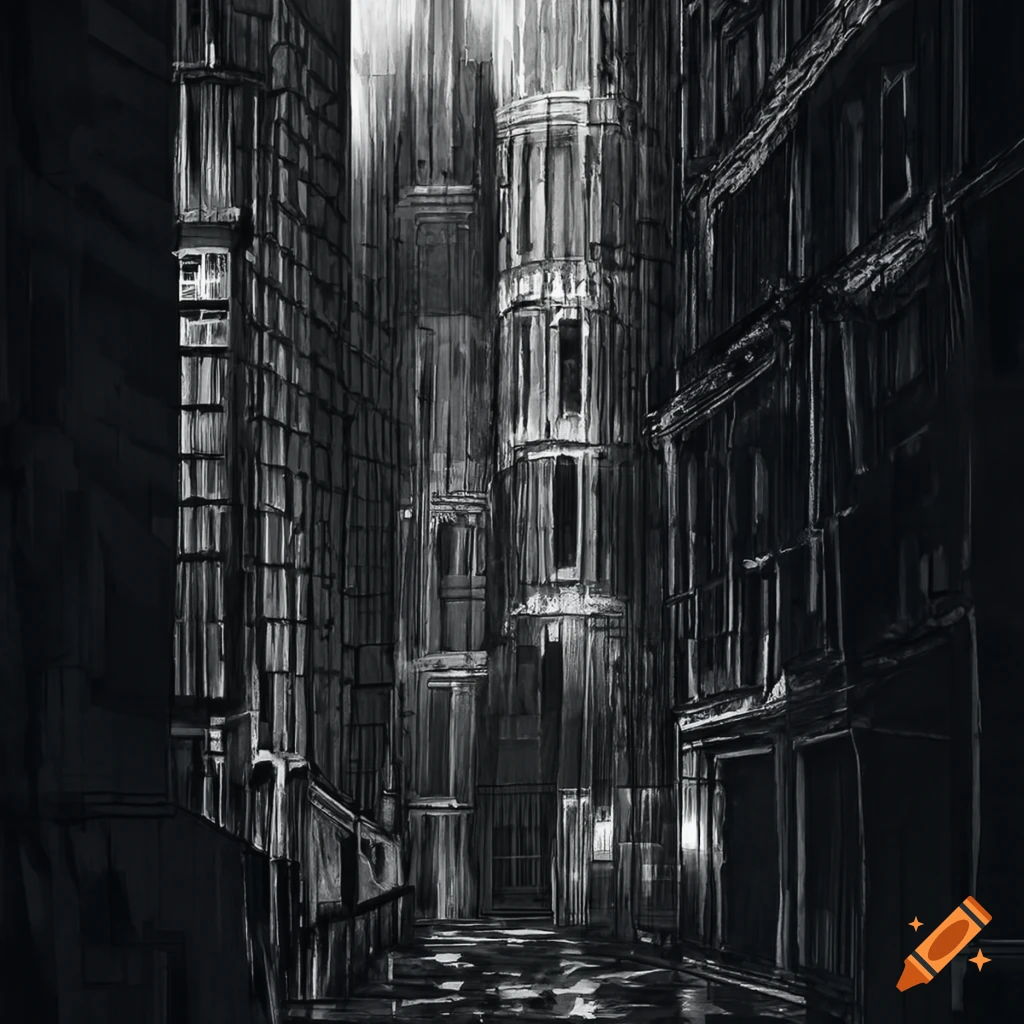 Dark monochrome style buildings with faces on Craiyon