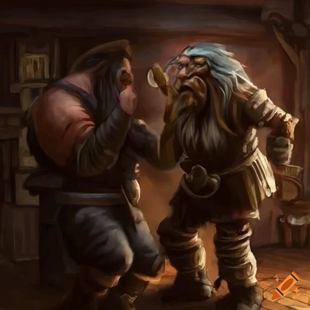 Fantasy artwork of two dwarves arguing in a tavern