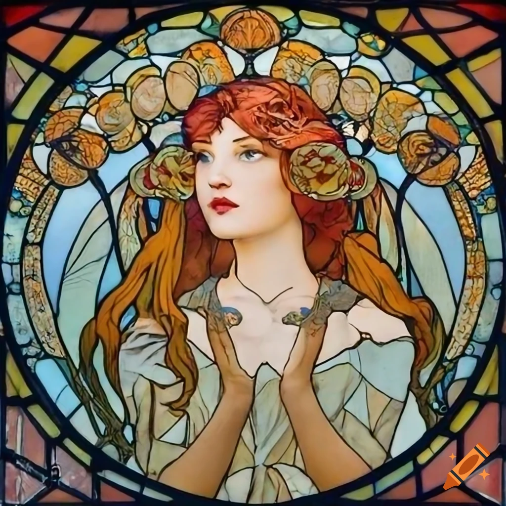 Round art nouveau stained glass window with flowing-haired woman on Craiyon
