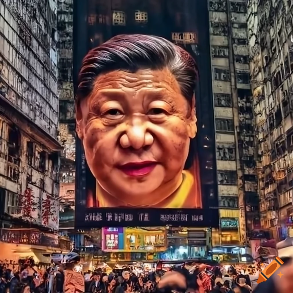 Dystopian street with a large television screen displaying xi jinping's ...
