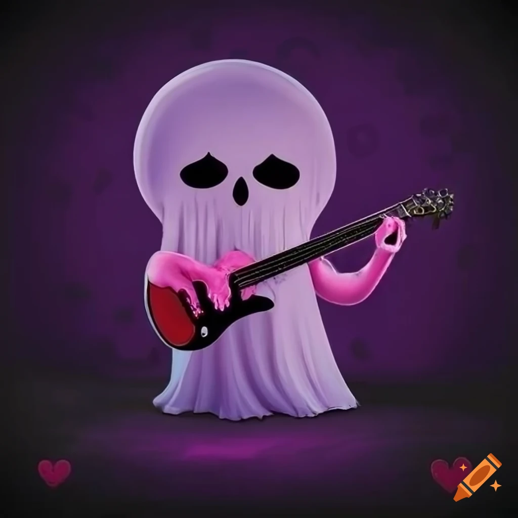 Cute love ghost playing guitar with hearts above