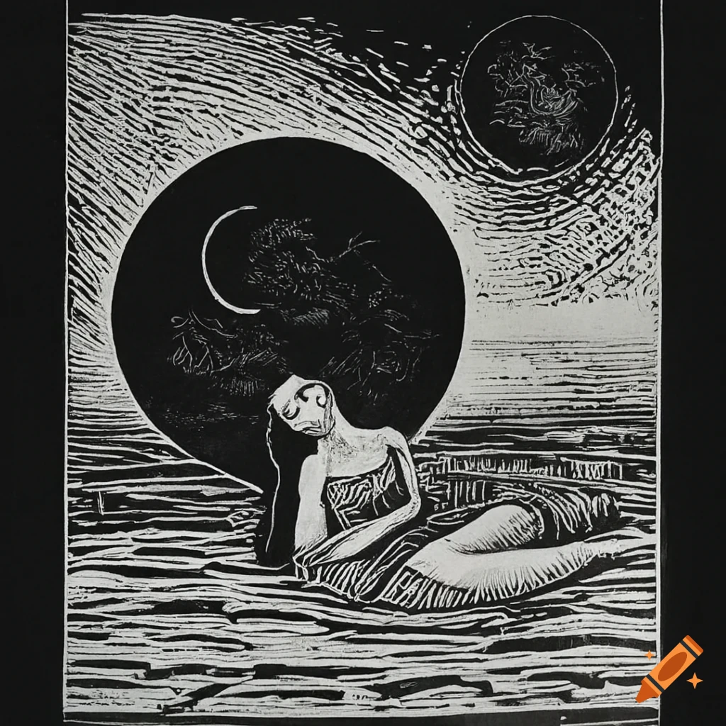 Linocut art of a woman under the moon on Craiyon