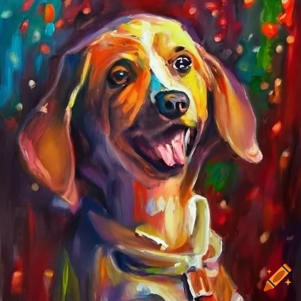 Colorful oil painting of a dog playing the fiddle on Craiyon