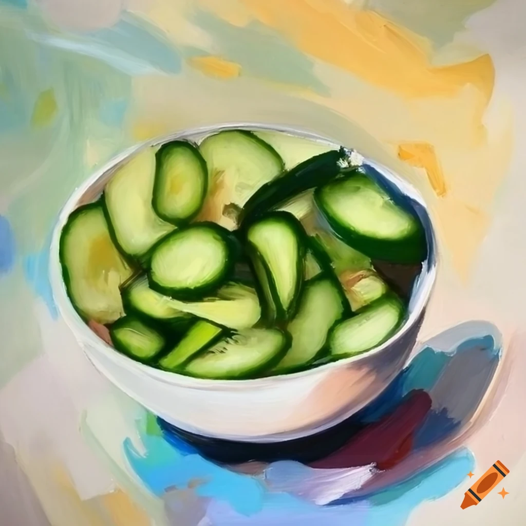 Oil painting of a cucumber salad in a white bowl on Craiyon