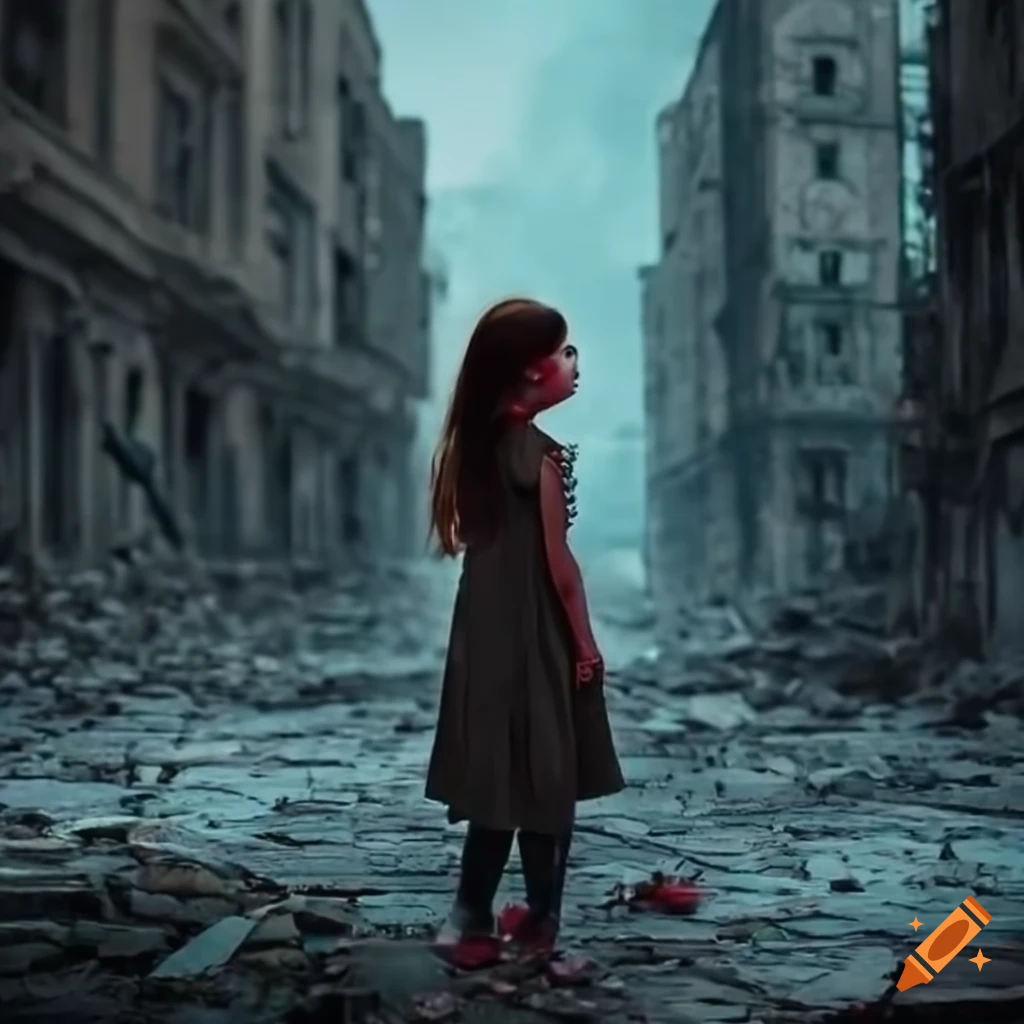 Girl standing in a ruined city on Craiyon
