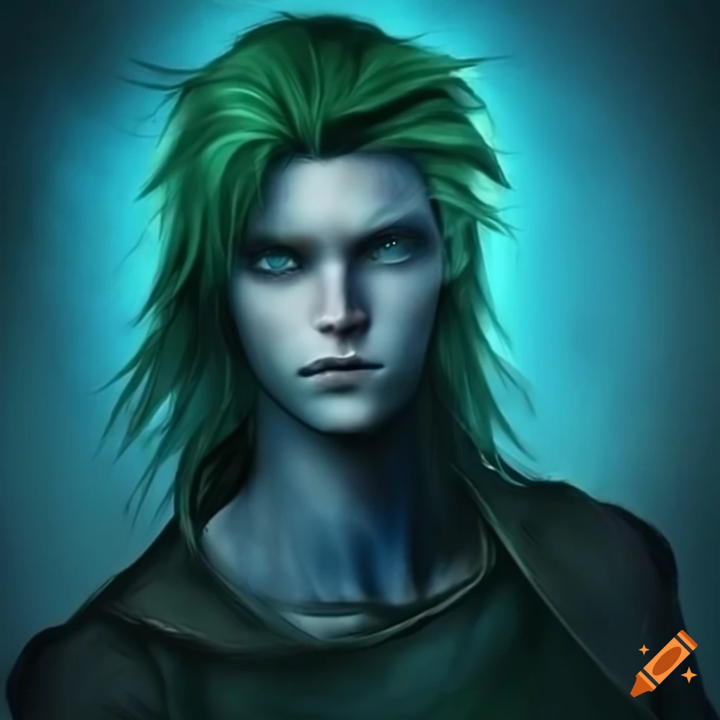 Illustration of a blue-skinned character with green hair on Craiyon