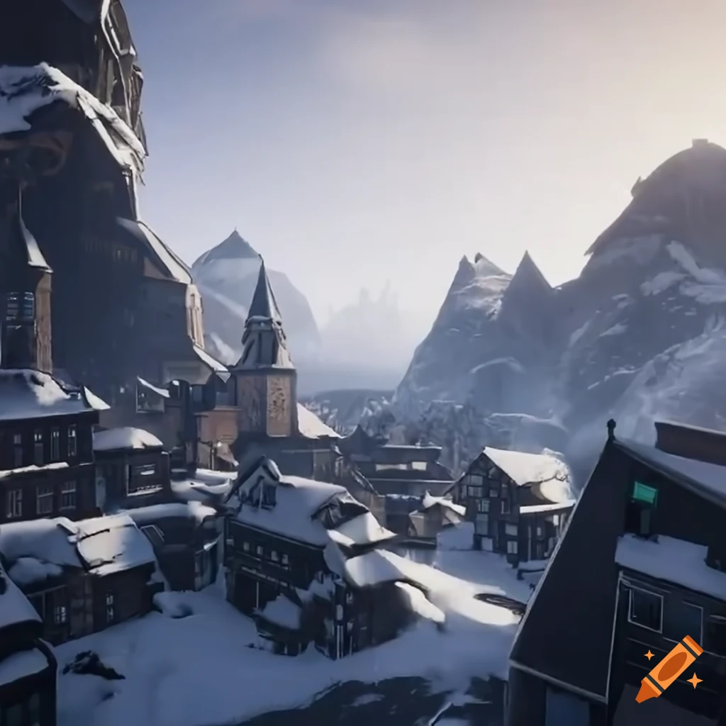 Unreal engine 5 snowy mountains with sci-fi german village on Craiyon