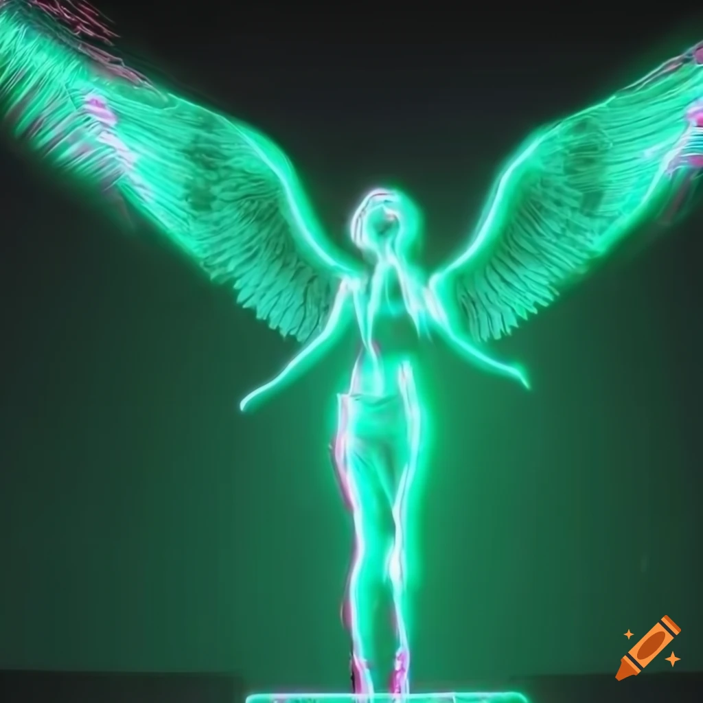 Double exposure of a glowing cyber angel statue and neon green code on ...